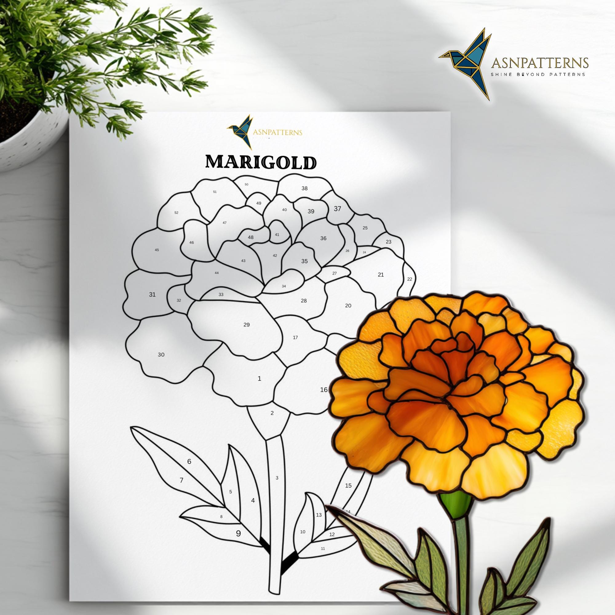 Marigold Flower Stained Glass Pattern, Birth Flower Suncatcher, Stained ...