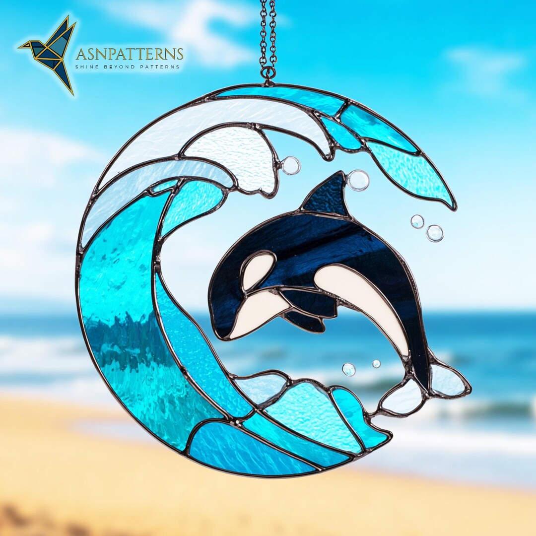 Orca and Waves Stained Glass Pattern, Orca and Waves Suncatcher ...