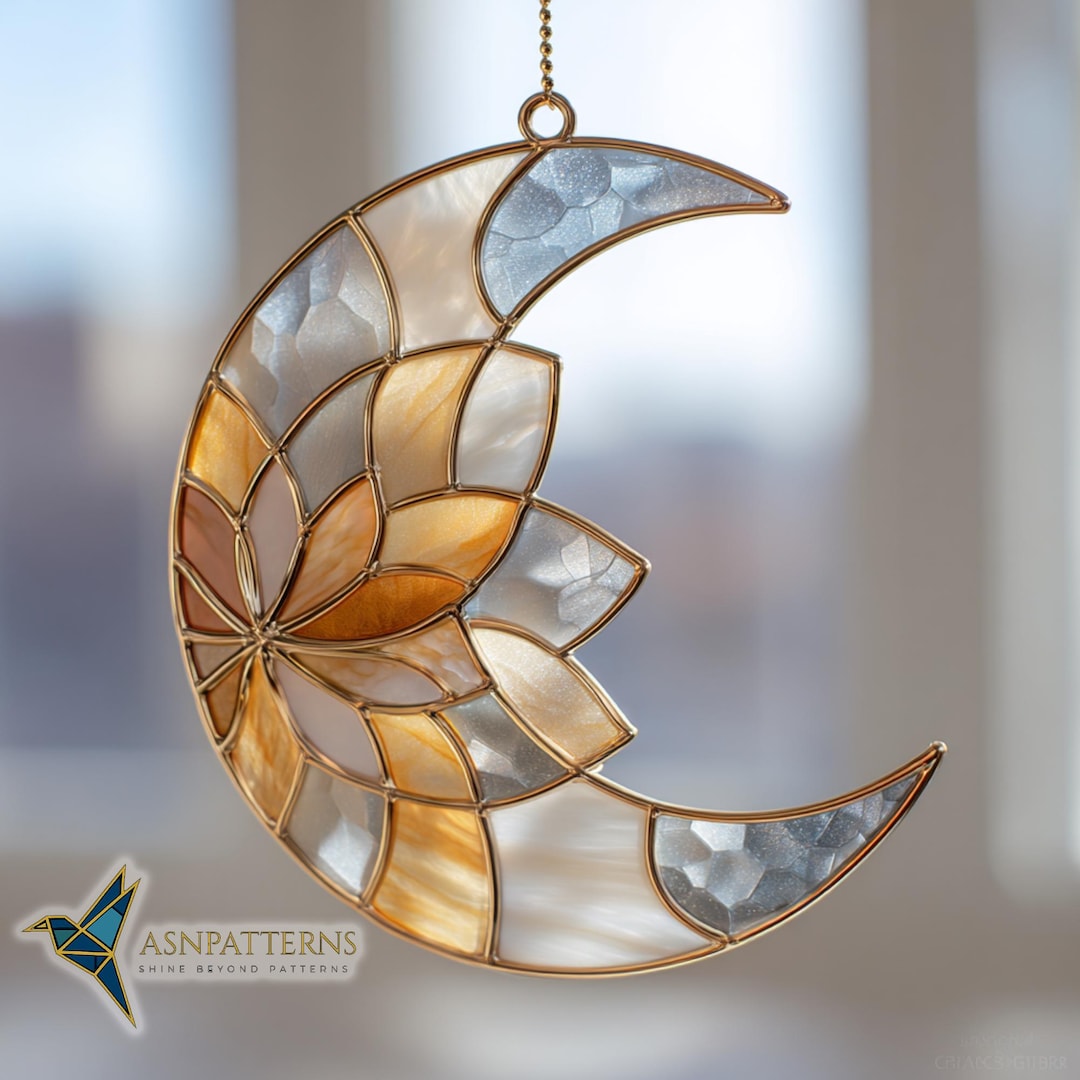 Mandala Moon Stained Glass Pattern, Crescent Moon Suncatcher, Stained ...
