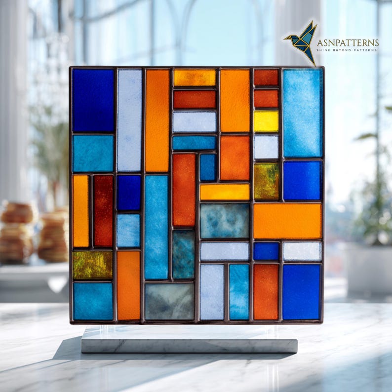 Mondrian Pattern Stained Glass Pattern, Mondrian Suncatcher, Stained ...