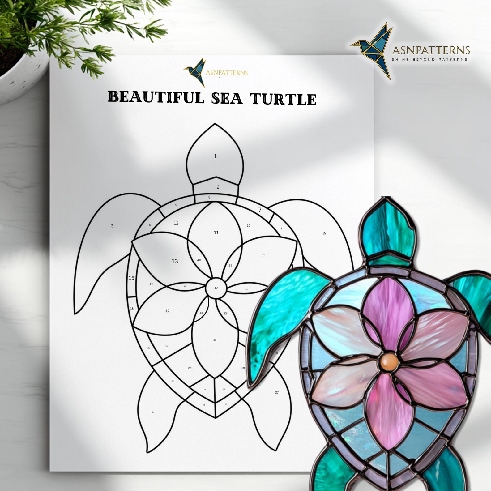 Sea Turtle Stained Glass Pattern, Turtle Suncatcher Template, DIY Glass ...