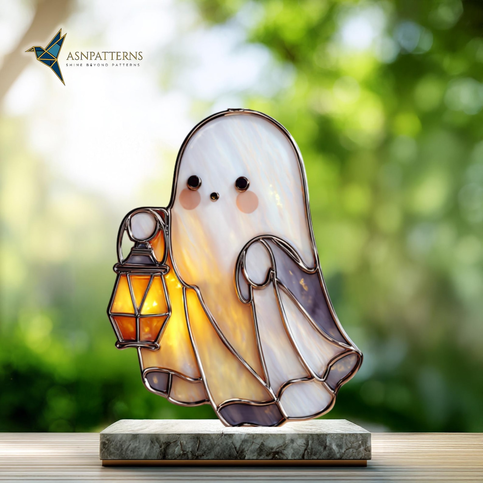 Ghost Bring Lantern Stained Glass Pattern, Cute Ghost Suncatcher ...