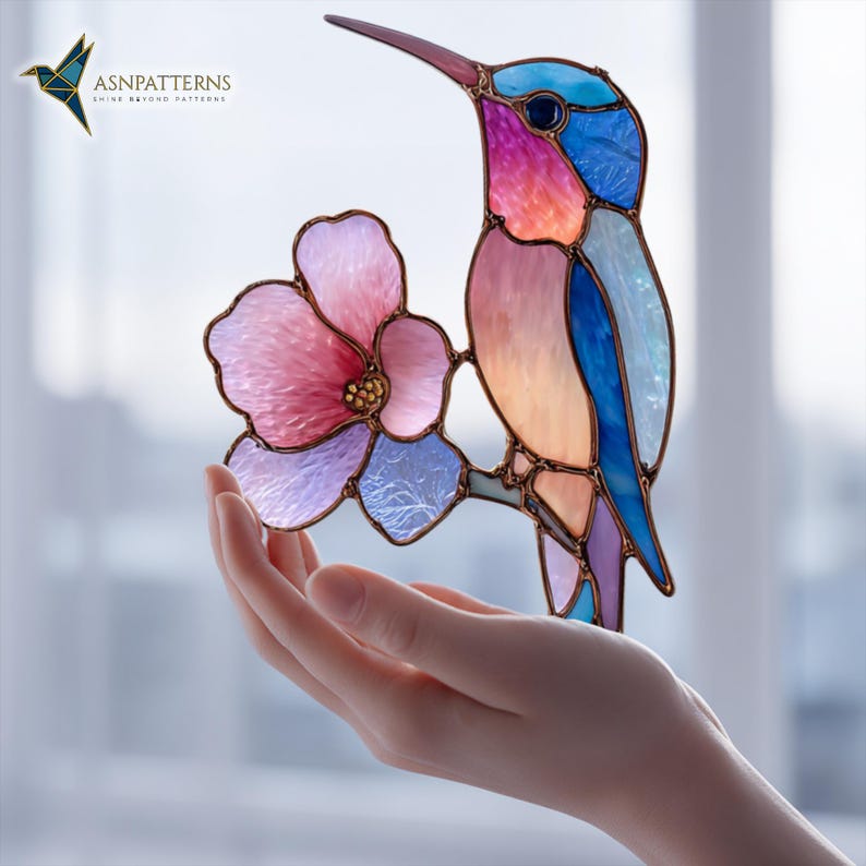 Hummingbird on Flower Stained Glass Pattern, Hummingbird Suncatcher ...