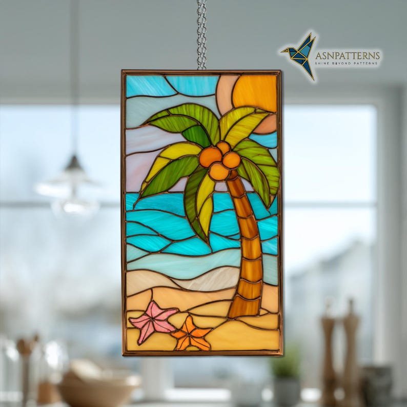 Tropical Beach Stained Glass Pattern, Beach Suncatcher PDF Template ...