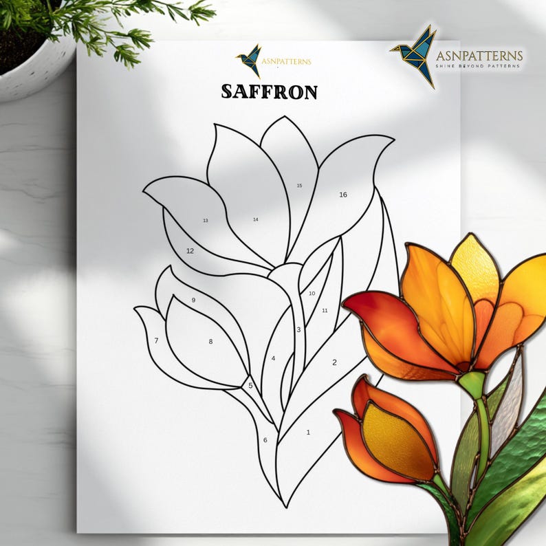 Saffron Stained Glass Pattern, Saffron Suncatcher, Stained Glass Flower ...
