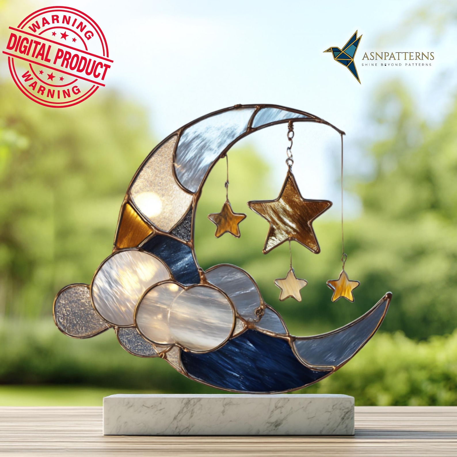 Night Moon Stained Glass Pattern, Moon and Cloud Suncatcher PDF ...
