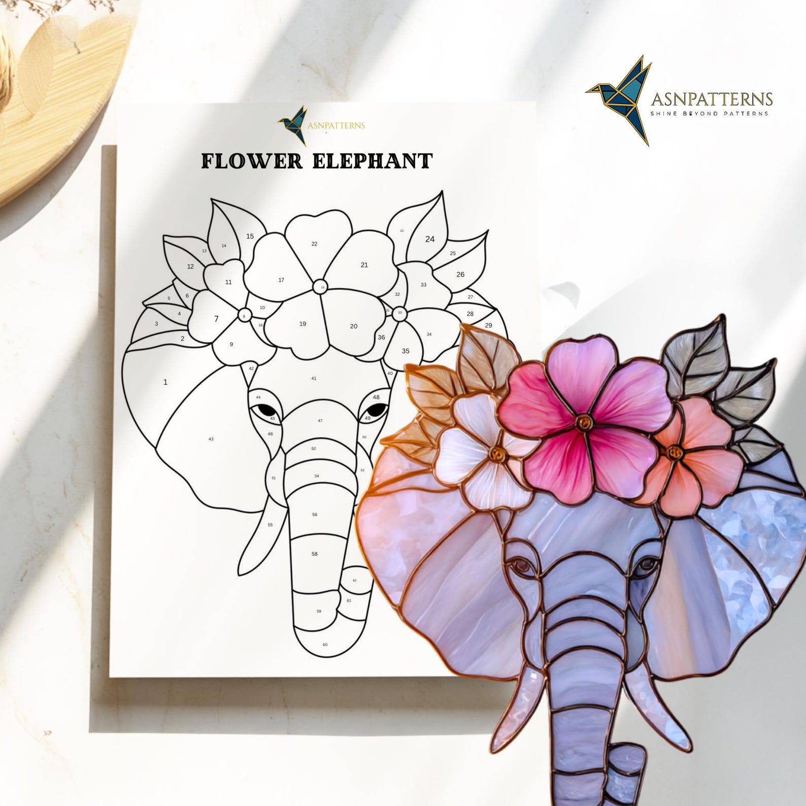 Floral Elephant Stained Glass Pattern, Elephant With Flower Suncatcher ...