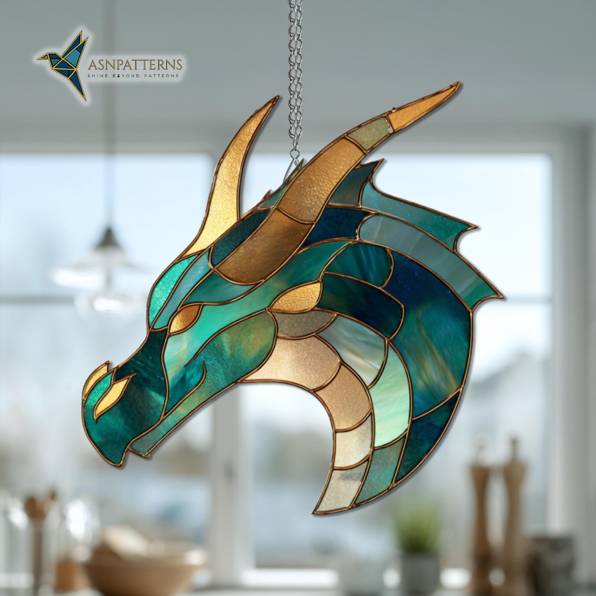 Green Dragon Stained Glass Pattern, Dragon Suncatcher Template, DIY ...