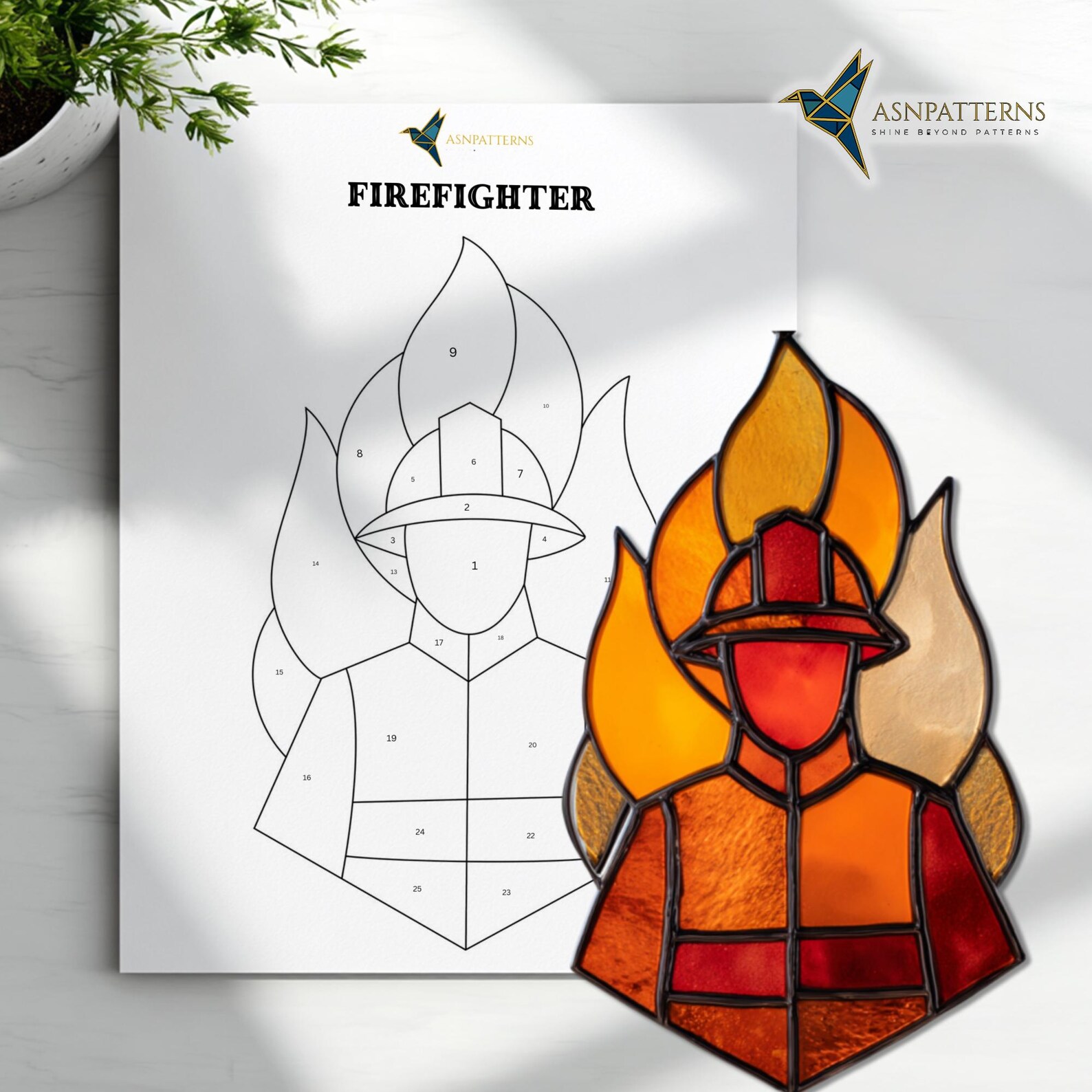 Firefighter Stained Glass Pattern, Fire Ma Suncatcher Template, DIY ...