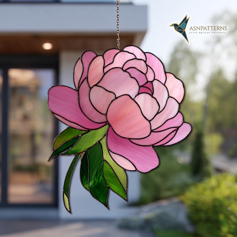 Pink Peony Stained Glass Pattern, Peony Suncatcher, Stained Glass Peony ...