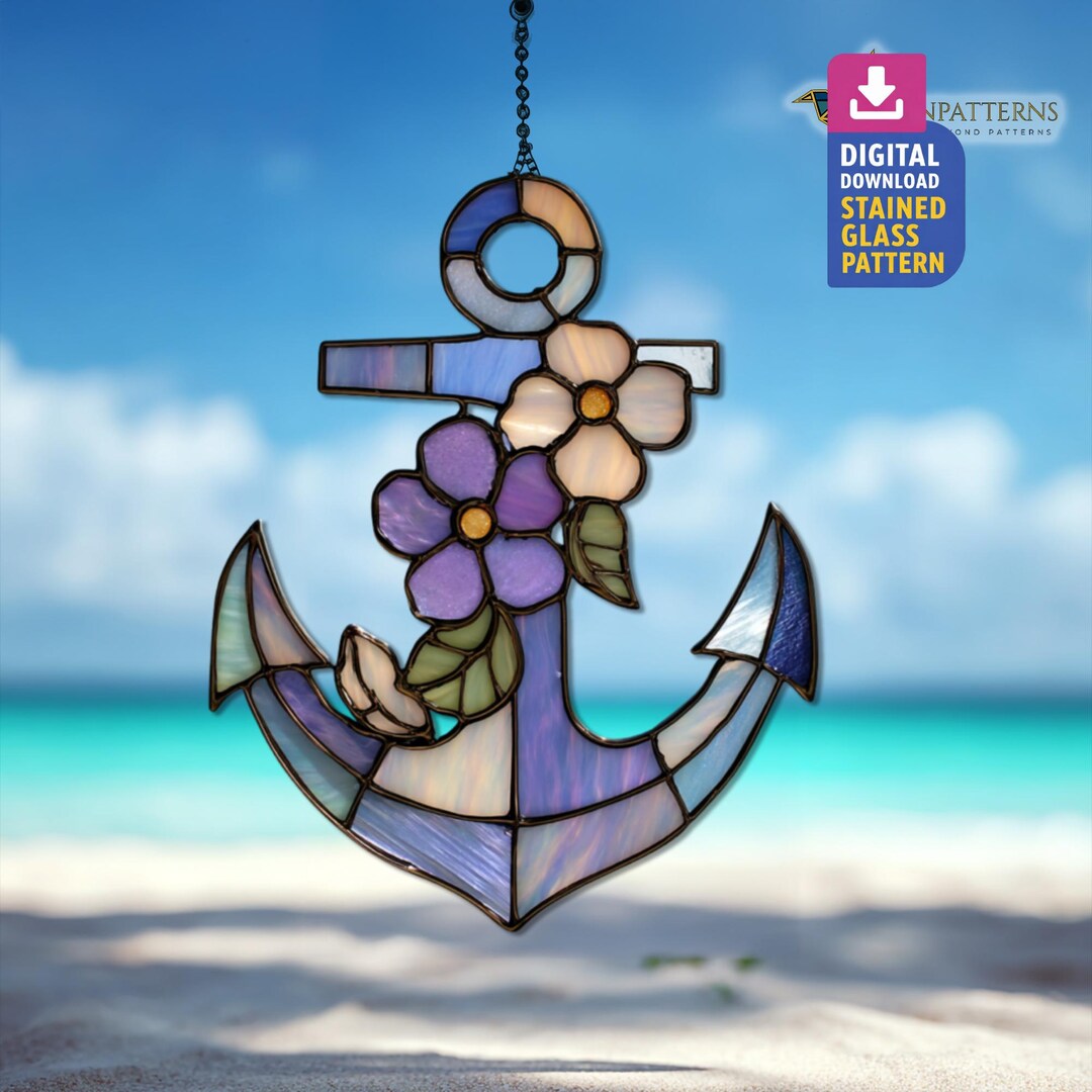 Floral Anchor Stained Glass Pattern, Anchor Suncatcher Template, DIY ...