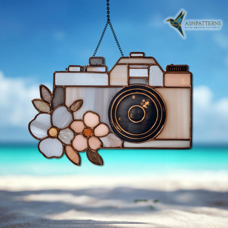 Floral Camera Stained Glass Pattern, Camera Suncatcher Template, DIY ...