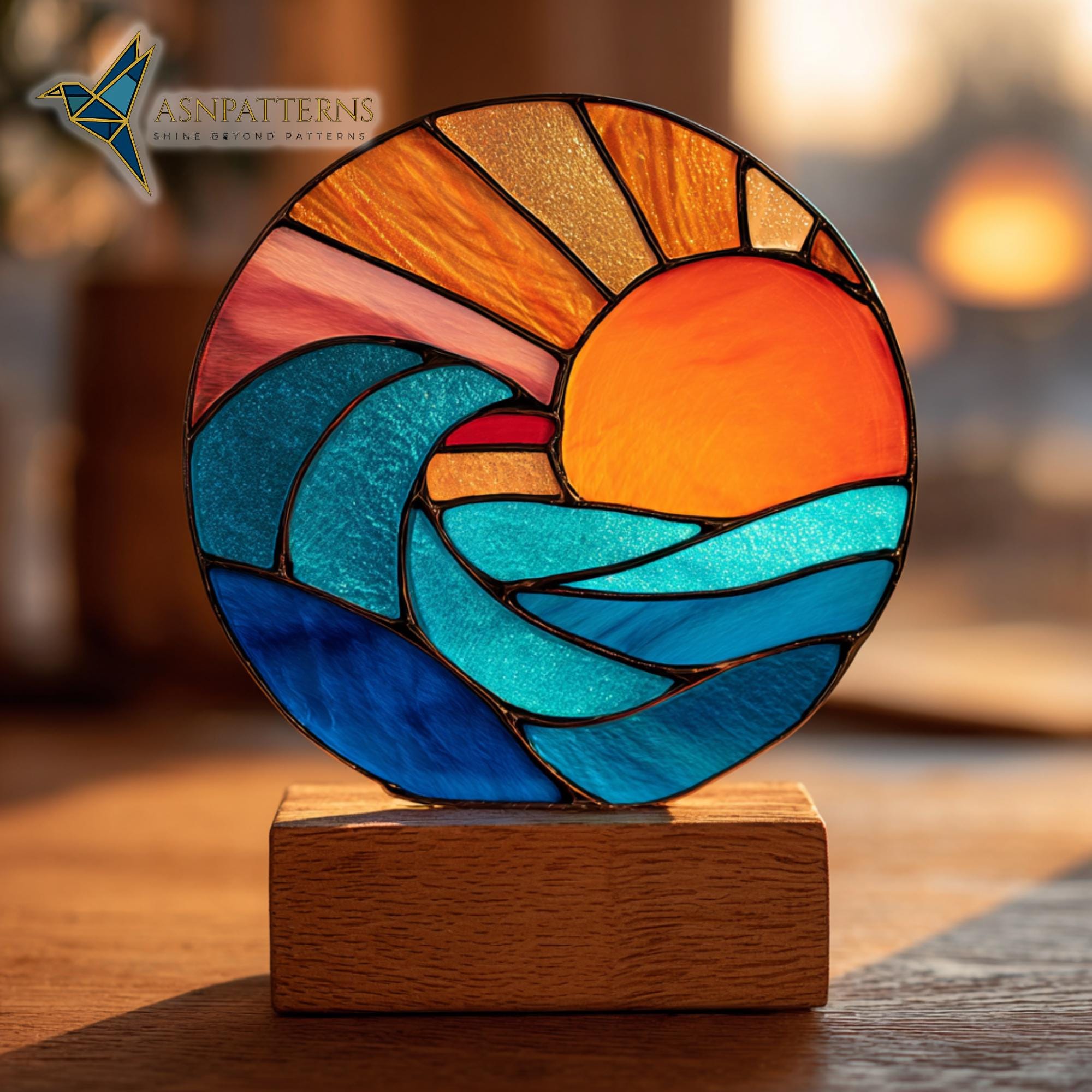 Waves and Sun Stained Glass Pattern, Sunset Suncatcher, Stained Glass ...