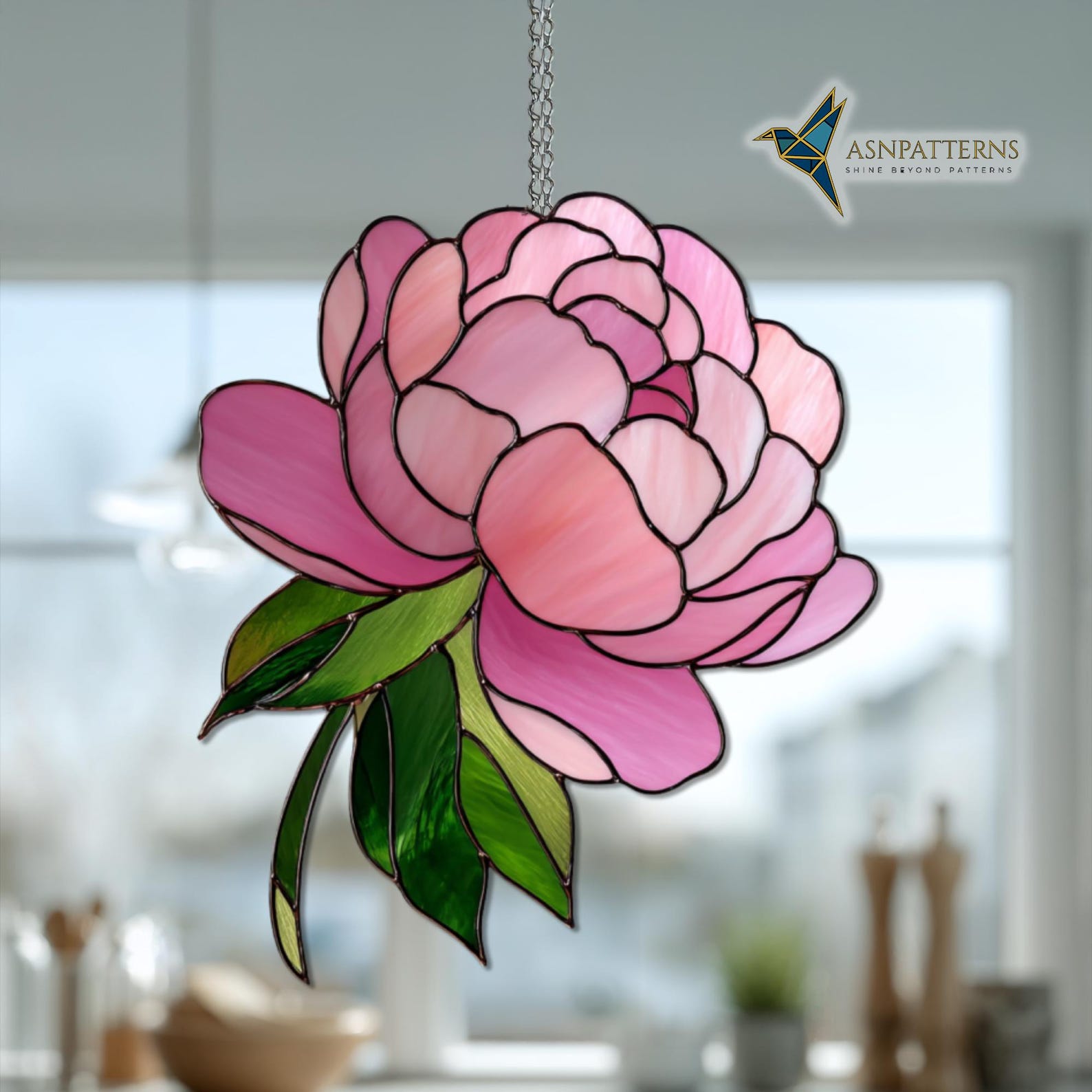 Pink Peony Stained Glass Pattern, Peony Suncatcher, Stained Glass Peony ...