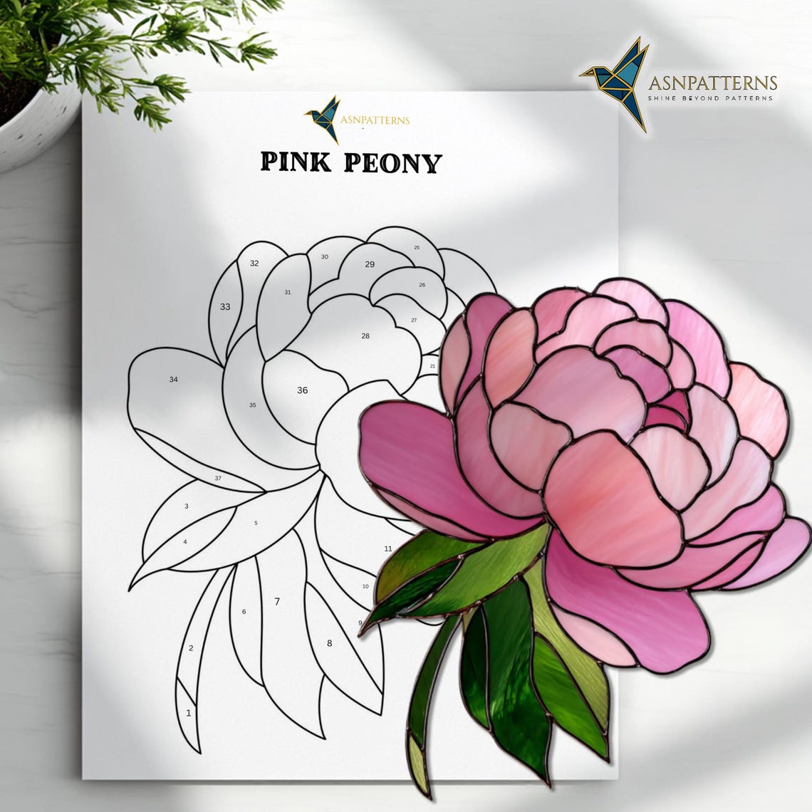 Pink Peony Stained Glass Pattern, Peony Suncatcher, Stained Glass Peony ...