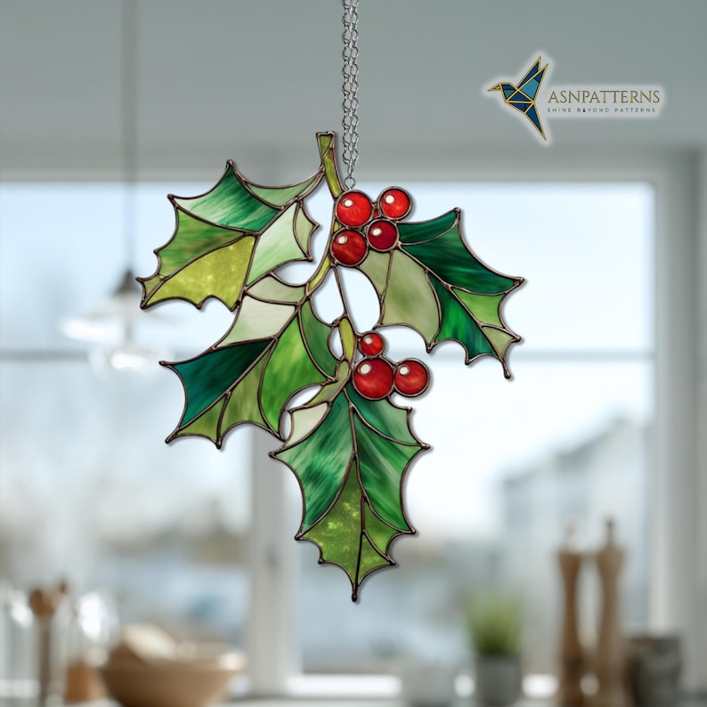 Holly Berry Leaves Stained Glass Pattern, Holly Berry Suncatcher PDF ...