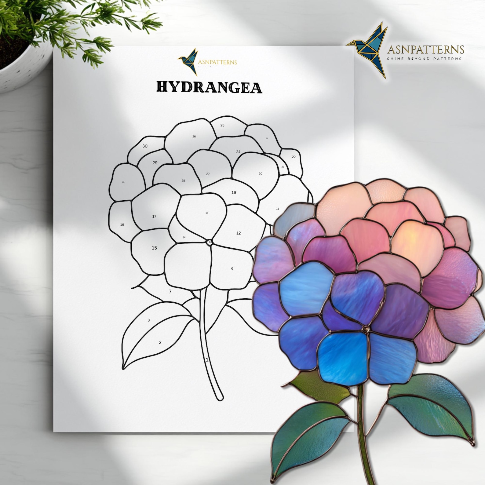Hydrangea Stained Glass Pattern, Hydrangea Flowers Suncatcher, Stained ...