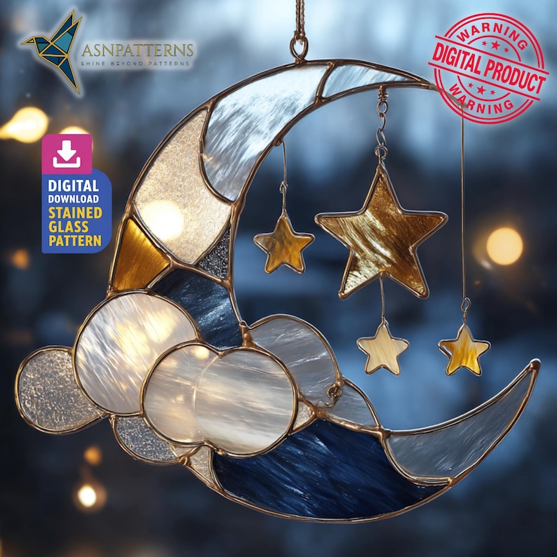 Night Moon Stained Glass Pattern, Moon and Cloud Suncatcher PDF ...