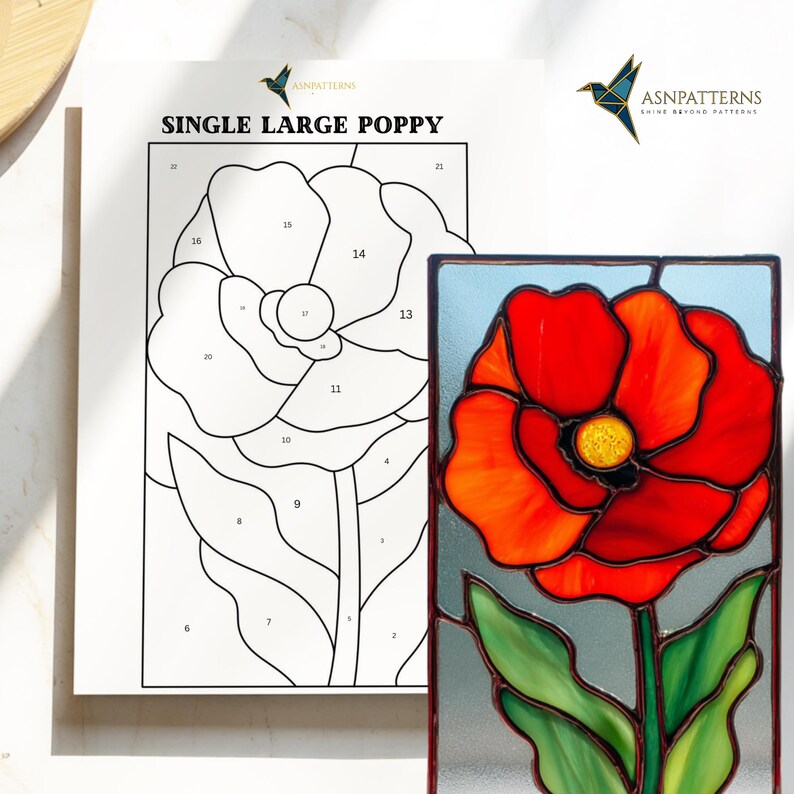 Large Poppy Stained Glass Pattern, Red Poppy Suncatcher PDF Template ...