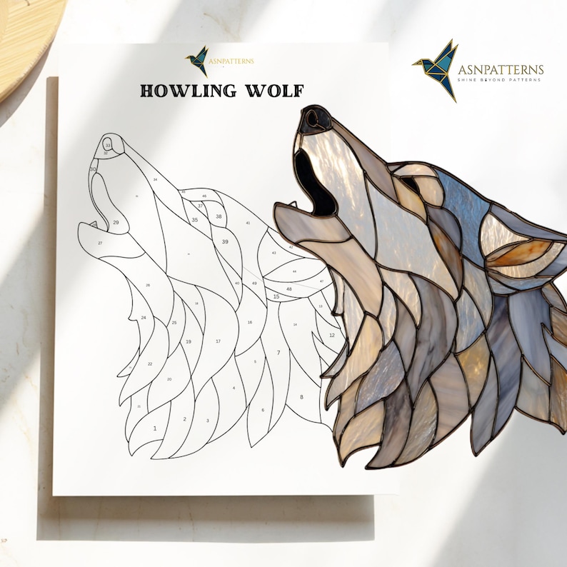 Howling Wolf Stained Glass Pattern, Wolf Suncatcher, Stained Glass Wolf ...