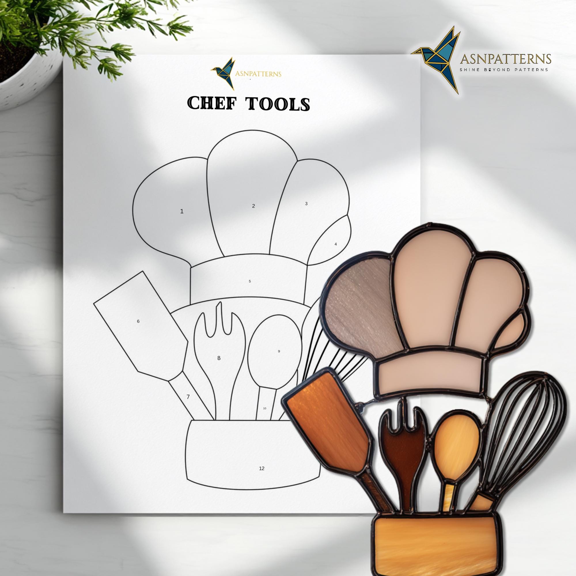 Chef Tools Stained Glass Pattern, Chef Tools Suncatcher Template, DIY ...