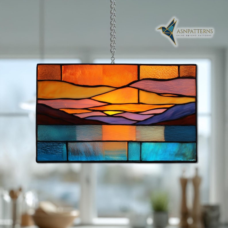 Lake Stained Glass Pattern, Sunset on Lake Suncatcher, Stained Glass ...