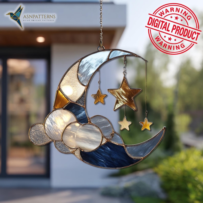 Night Moon Stained Glass Pattern, Moon and Cloud Suncatcher PDF ...