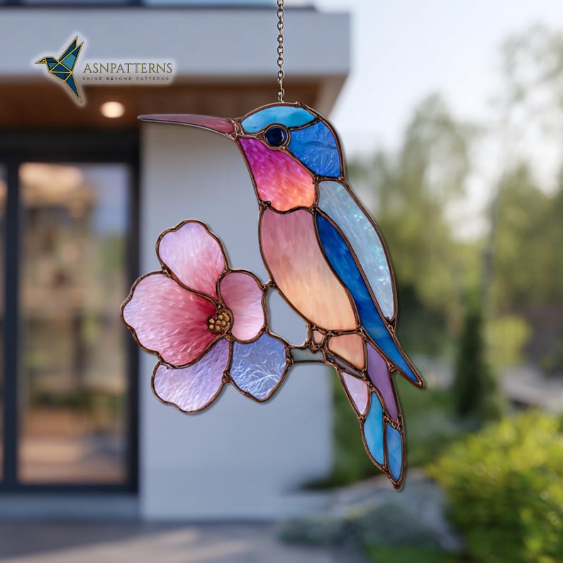 Hummingbird on Flower Stained Glass Pattern, Hummingbird Suncatcher ...