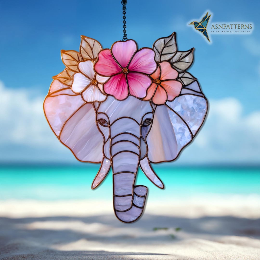 Floral Elephant Stained Glass Pattern, Elephant With Flower Suncatcher ...
