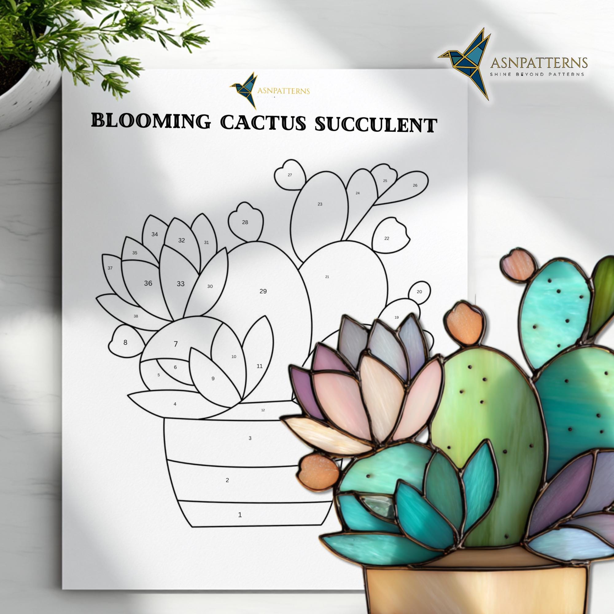 Blooming Cactus Stained Glass Pattern, Cactus Suncatcher, Stained Glass ...