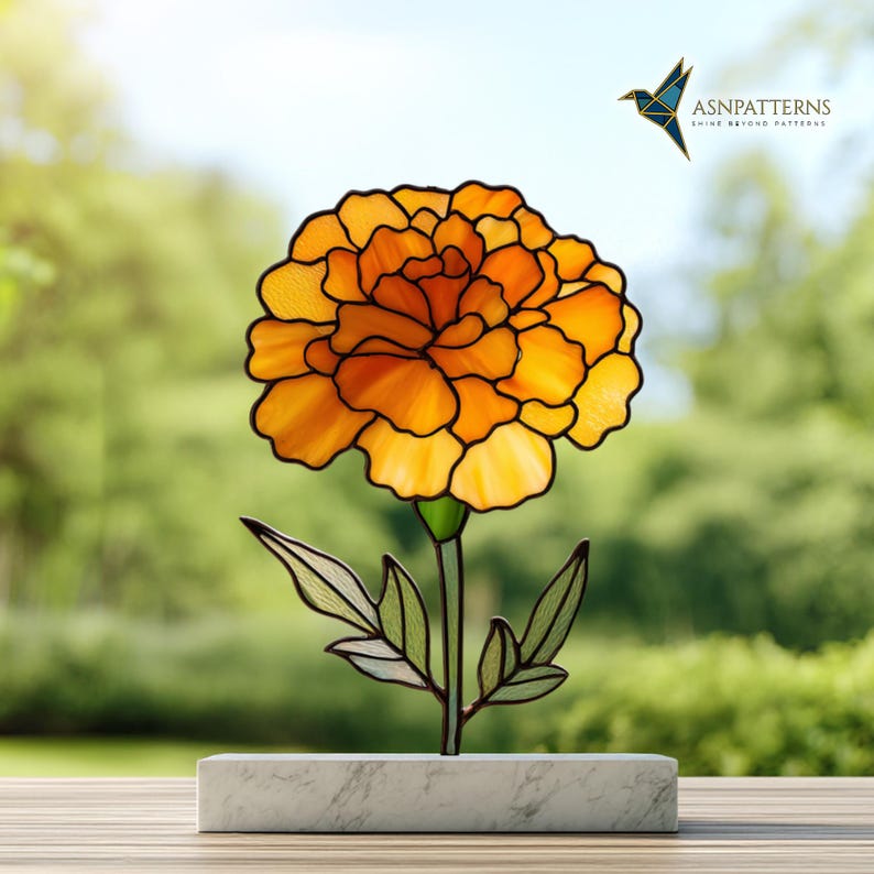 Marigold Flower Stained Glass Pattern, Birth Flower Suncatcher, Stained ...