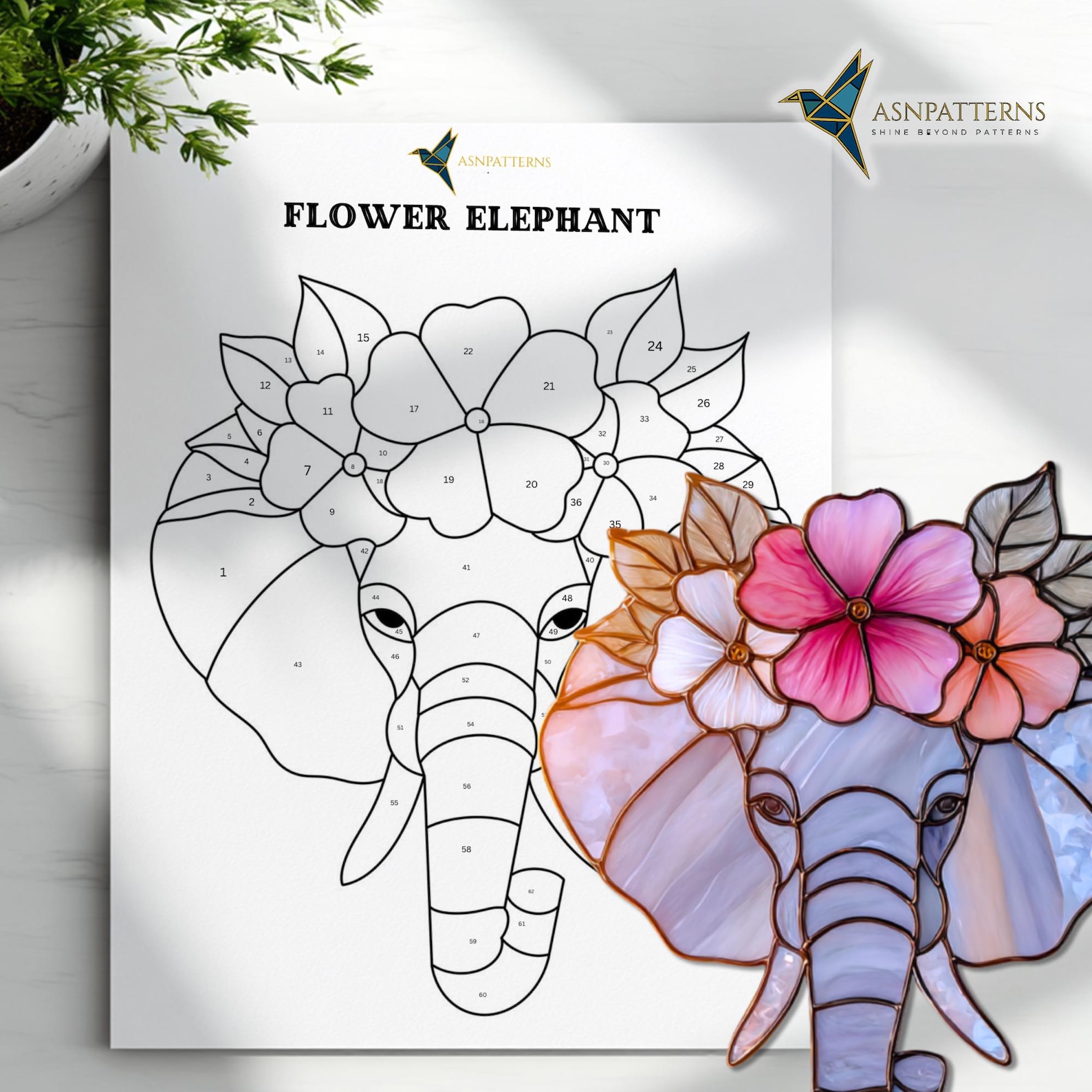 Floral Elephant Stained Glass Pattern, Elephant With Flower Suncatcher ...