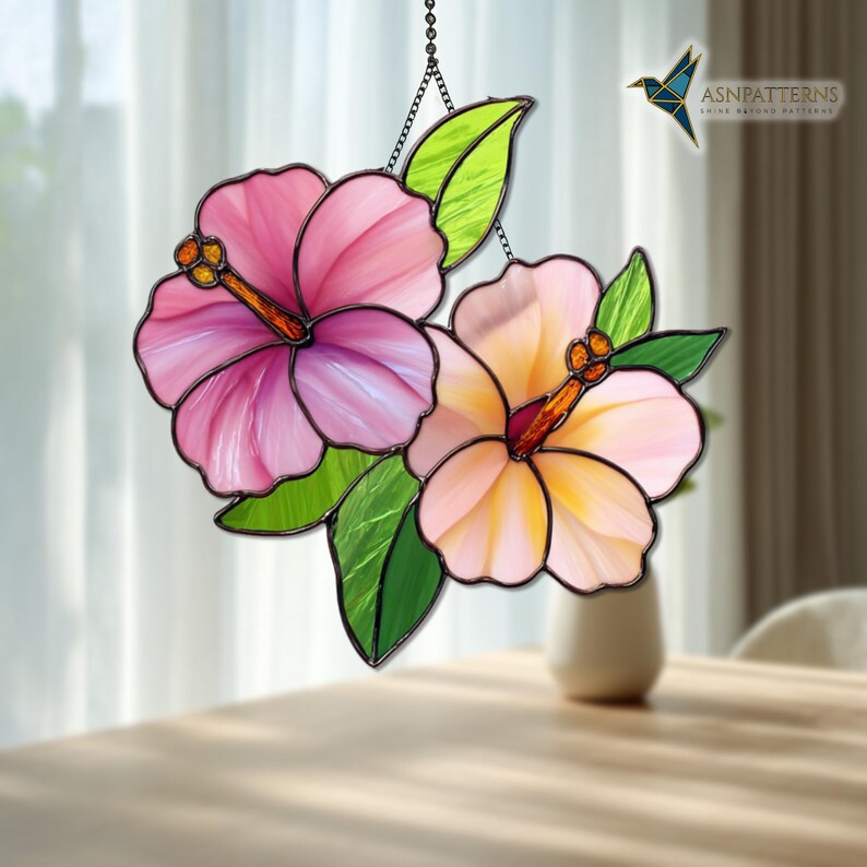 Hibiscus Stained Glass Pattern, Pink Hibiscus Suncatcher Template, DIY ...