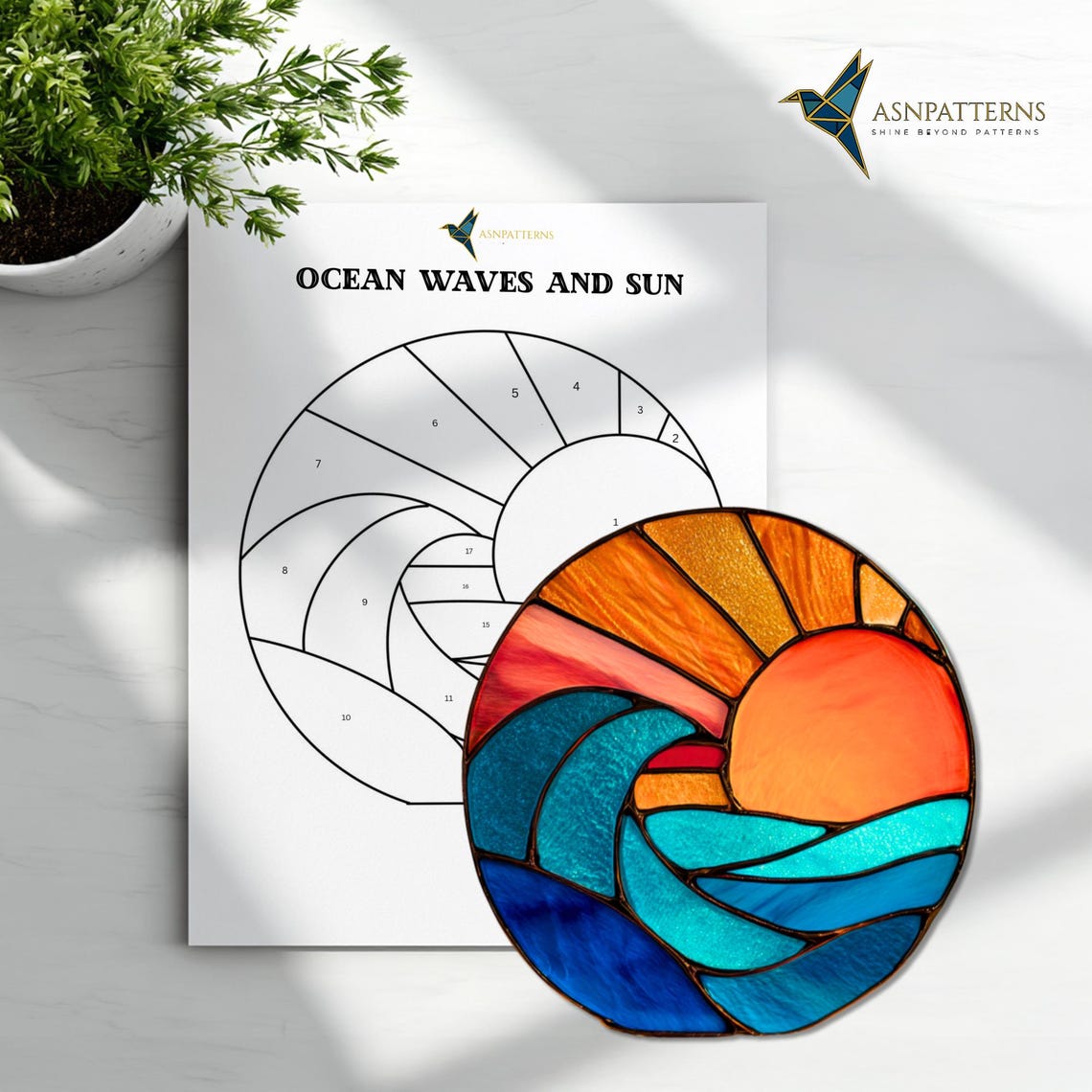Waves and Sun Stained Glass Pattern, Sunset Suncatcher Template ...