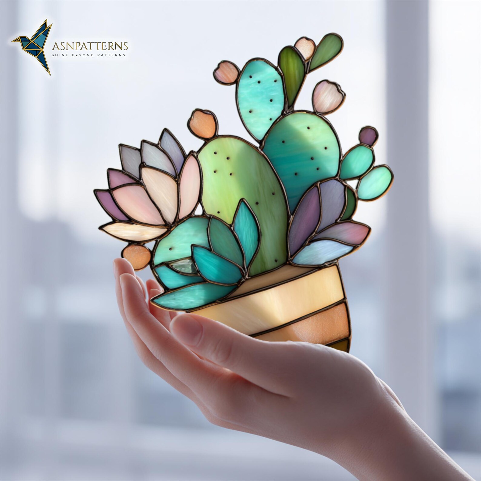 Blooming Cactus Stained Glass Pattern, Cactus Suncatcher, Stained Glass ...