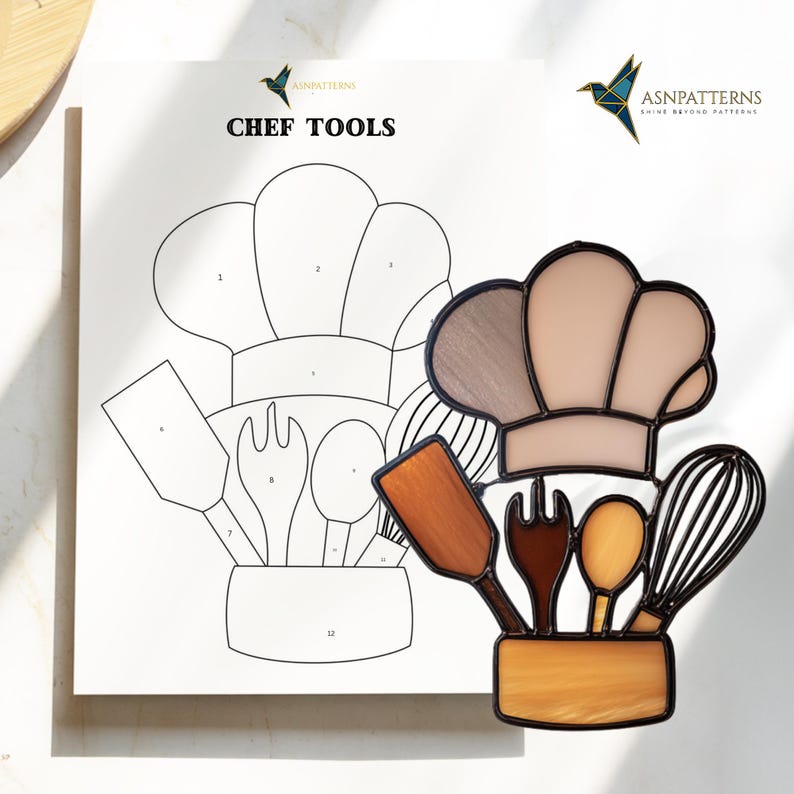Chef Tools Stained Glass Pattern, Chef Tools Suncatcher Template, DIY ...