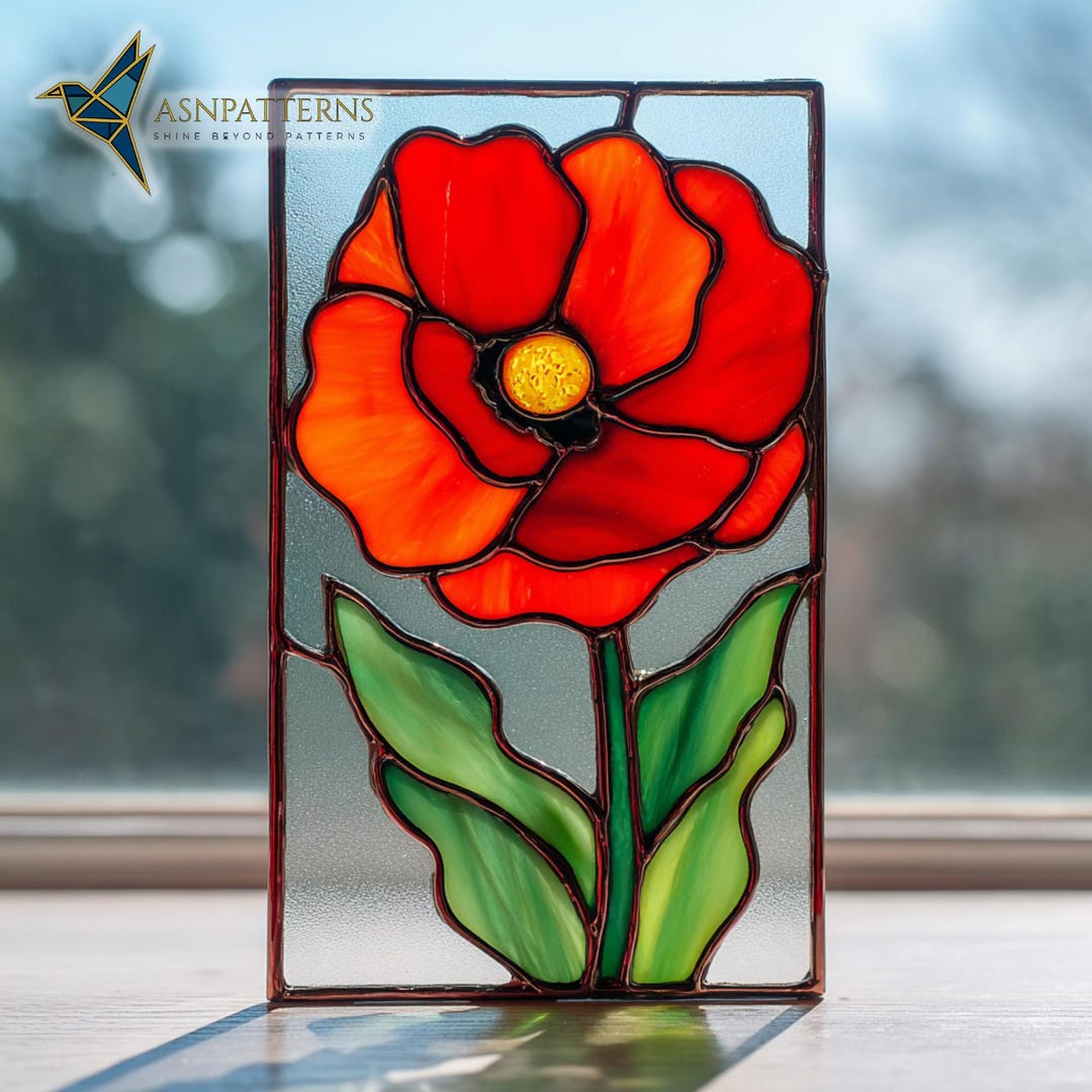 Large Poppy Stained Glass Pattern, Red Poppy Suncatcher, Stained Glass ...