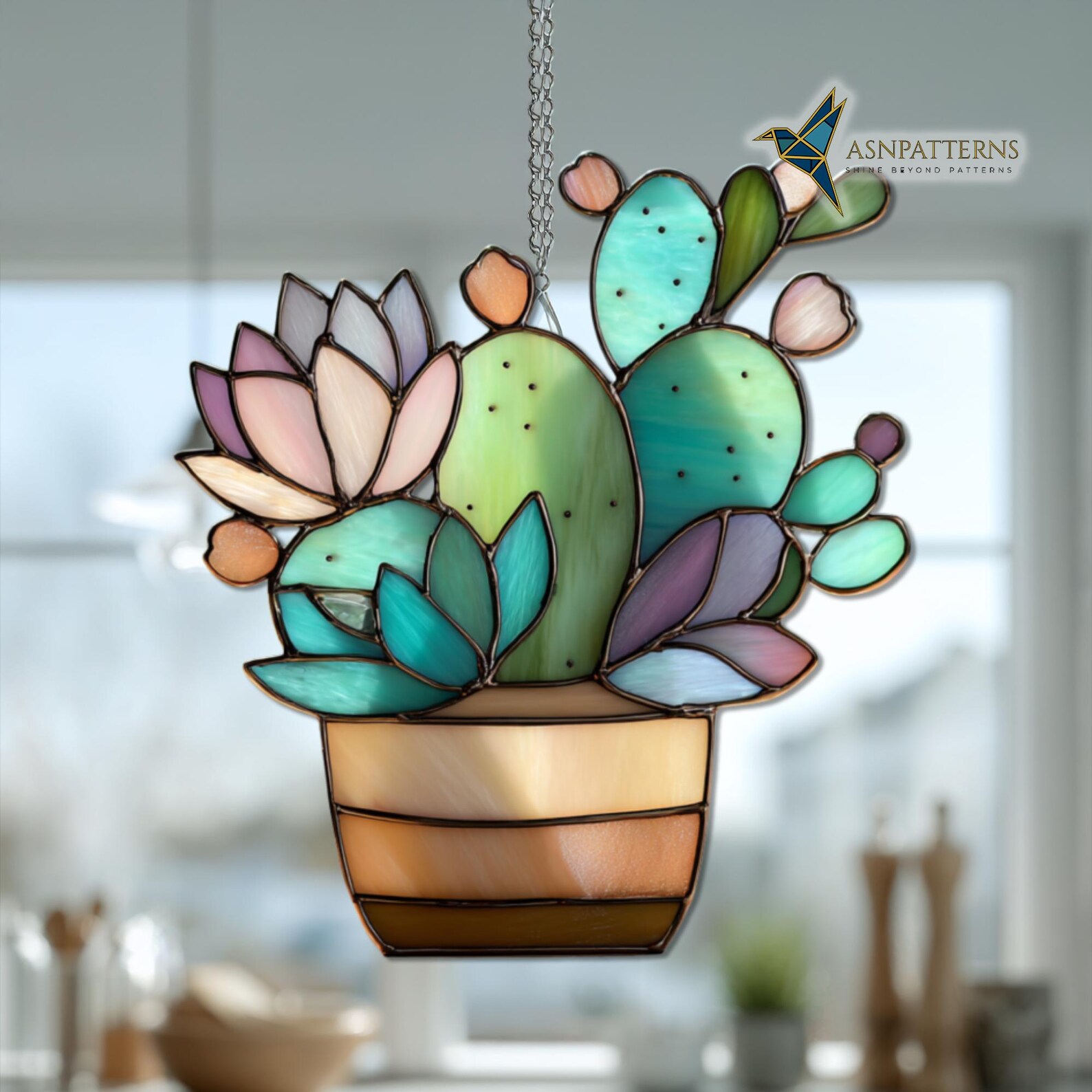 Blooming Cactus Stained Glass Pattern, Cactus Suncatcher, Stained Glass ...