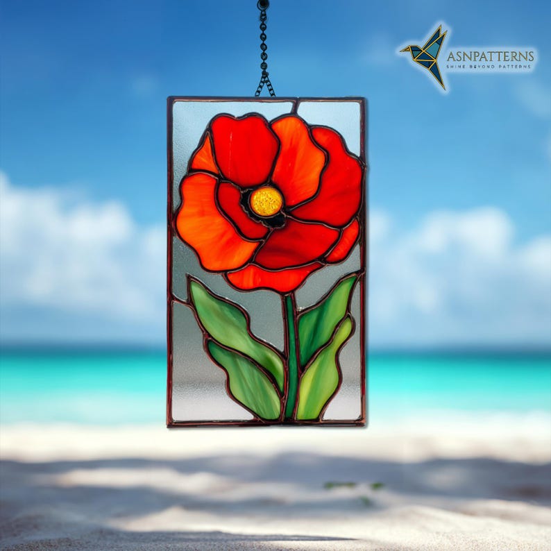 Large Poppy Stained Glass Pattern, Red Poppy Suncatcher PDF Template ...