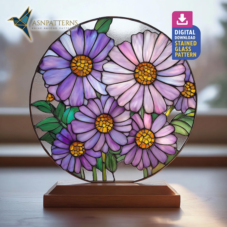 Purple Aster Stained Glass Pattern, Aster Suncatcher Template, DIY Hand ...
