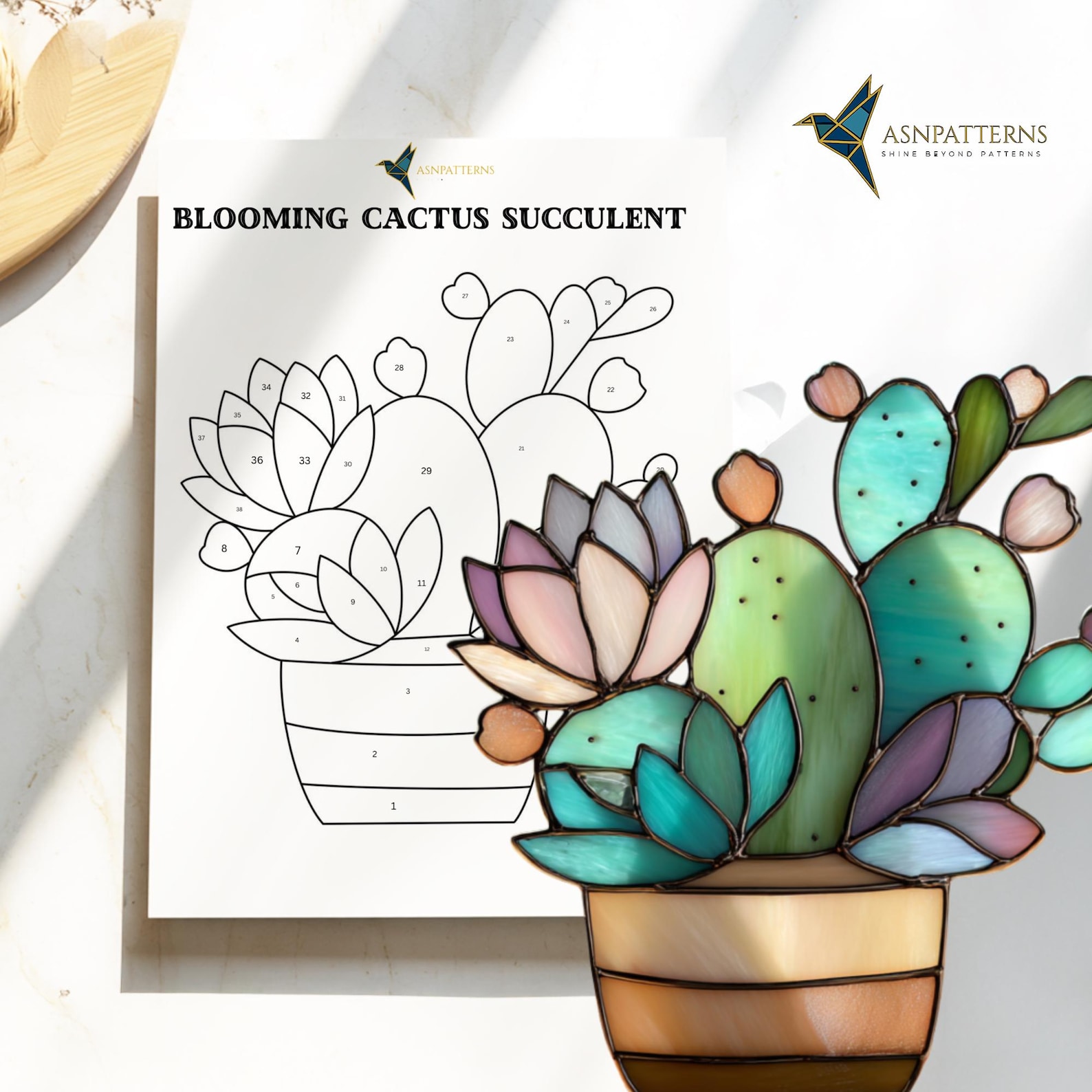 Blooming Cactus Stained Glass Pattern, Cactus Suncatcher, Stained Glass ...