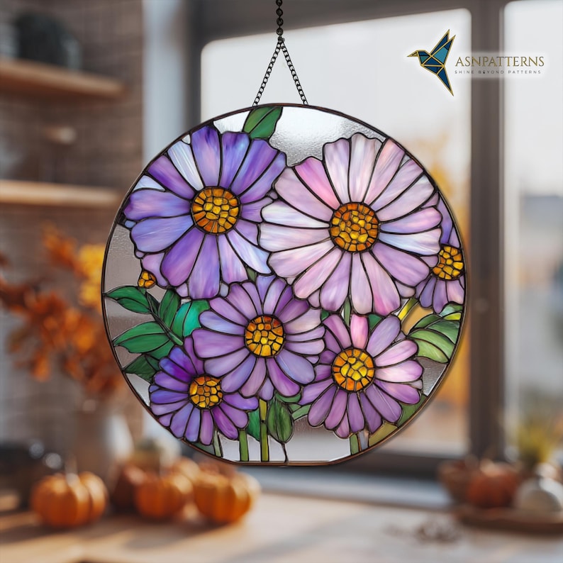 Purple Aster Stained Glass Pattern, Aster Suncatcher Template, DIY Hand ...