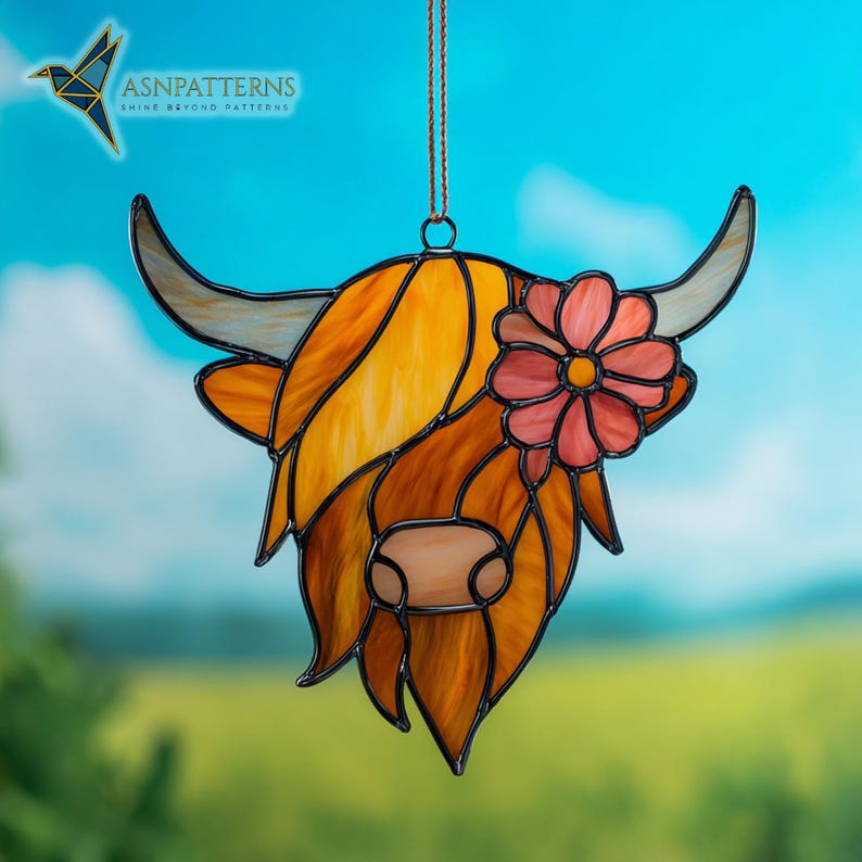 Floral Highland Cow Stained Glass Pattern, Highland Cow Head Suncatcher ...