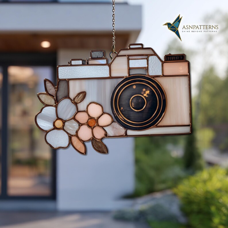 Floral Camera Stained Glass Pattern, Camera Suncatcher Template, DIY ...