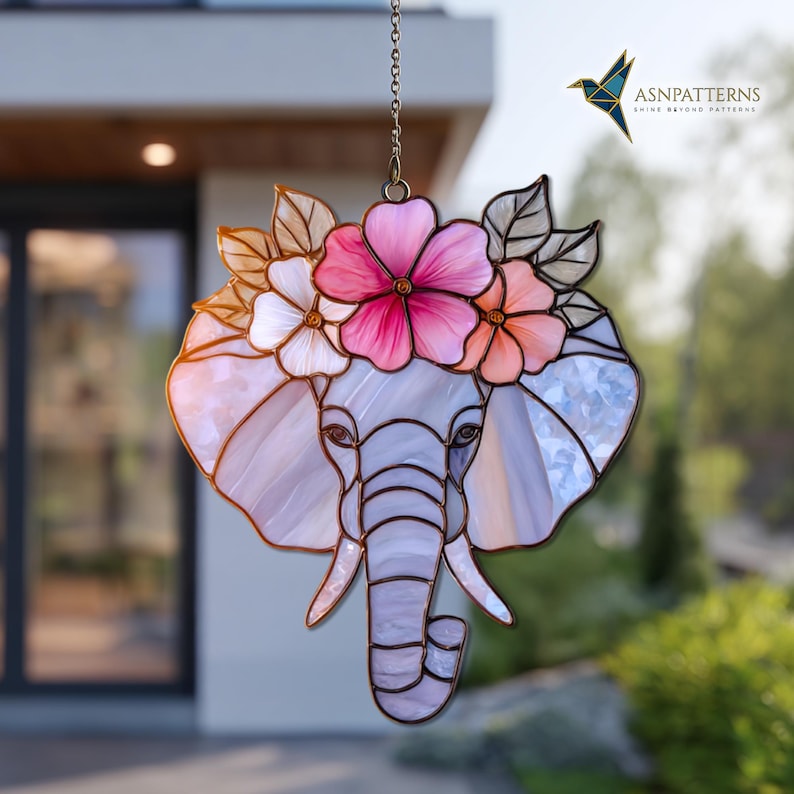 Floral Elephant Stained Glass Pattern, Elephant With Flower Suncatcher ...