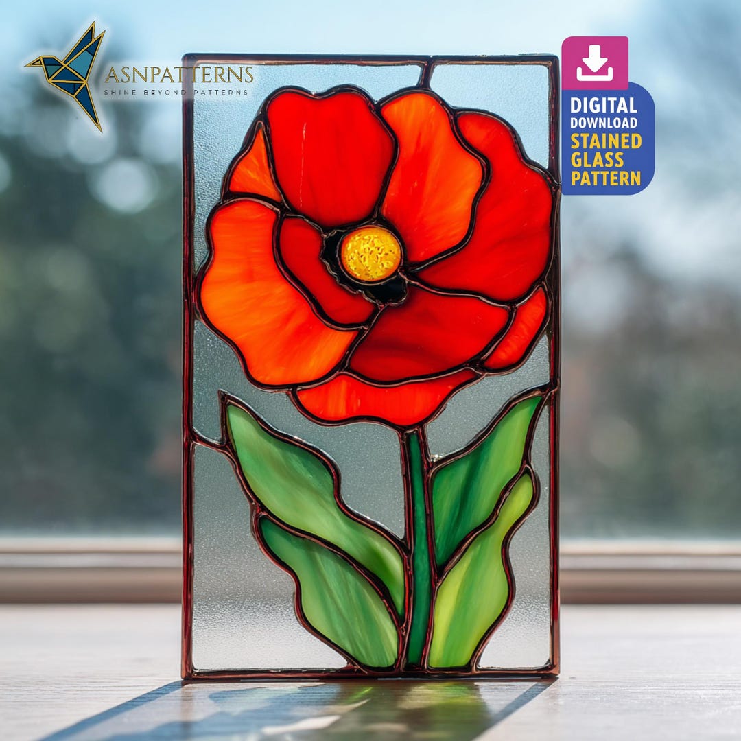 Large Poppy Stained Glass Pattern, Red Poppy Suncatcher PDF Template ...