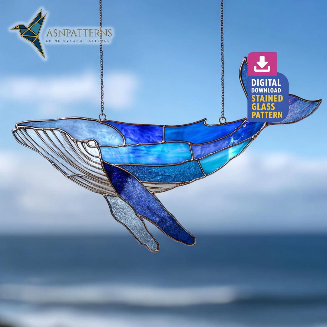 Blue Whale Stained Glass Pattern, Whale Suncatcher PDF Template ...