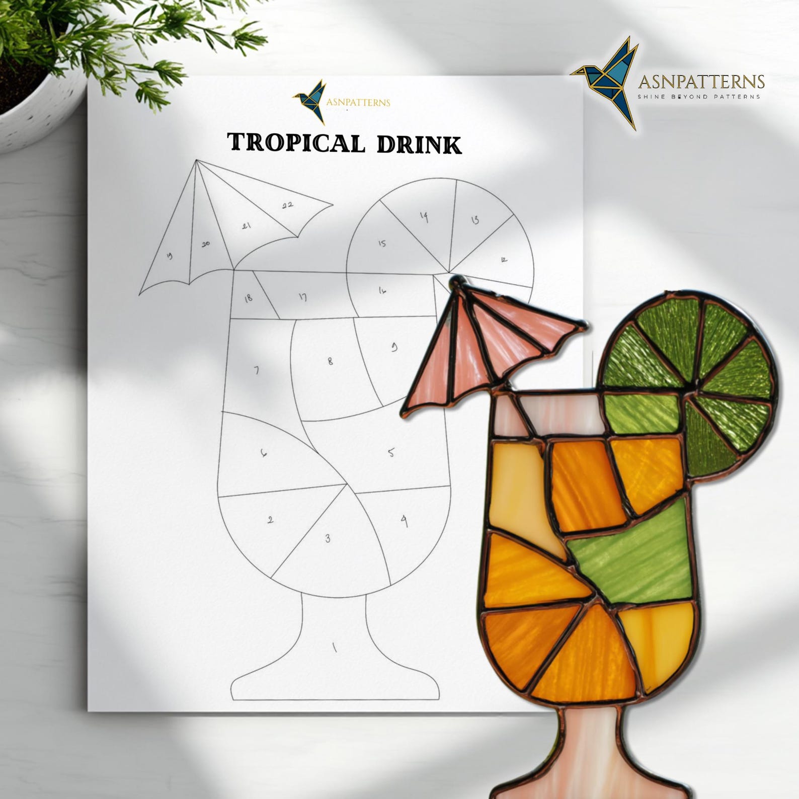 Tropical Drink Stained Glass Pattern, Tropical Juice Suncatcher ...