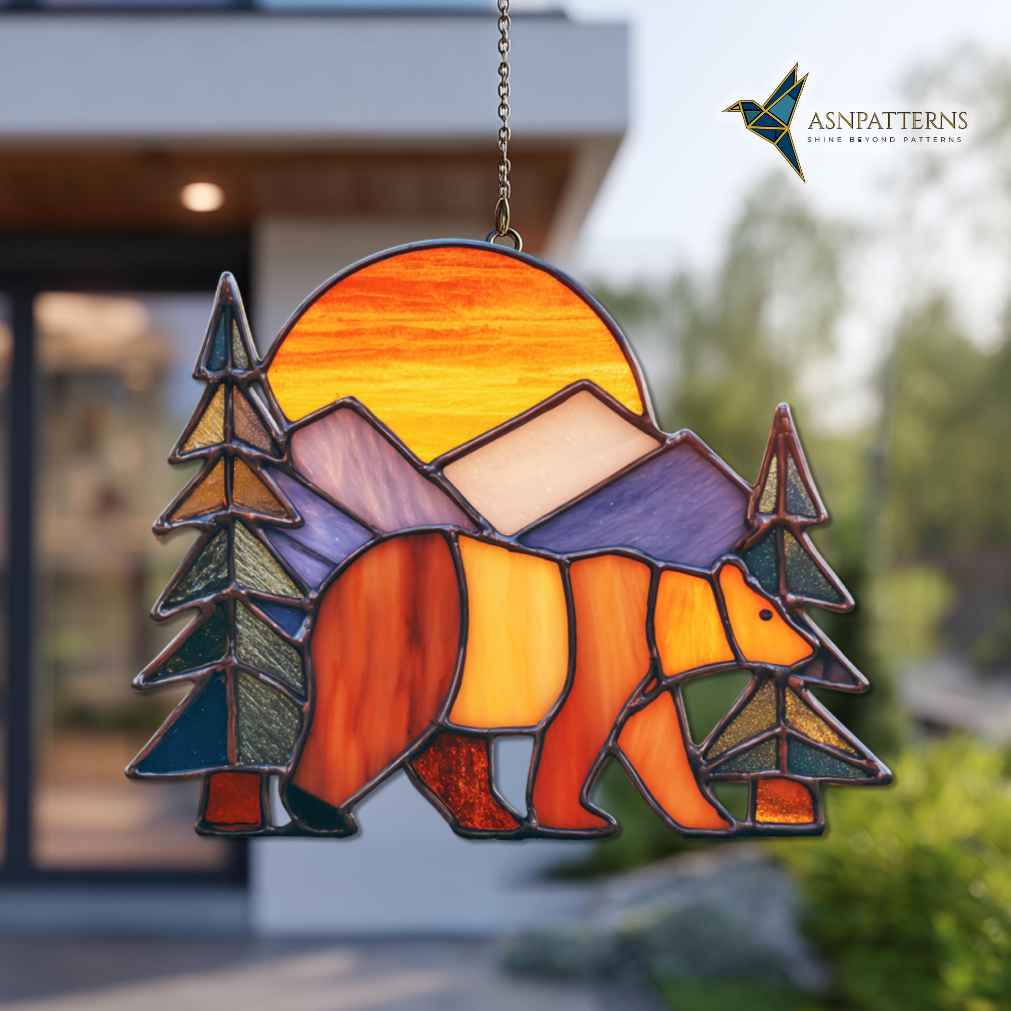 Bear and Sunset Stained Glass Pattern, Bear Suncatcher, Stained Glass ...