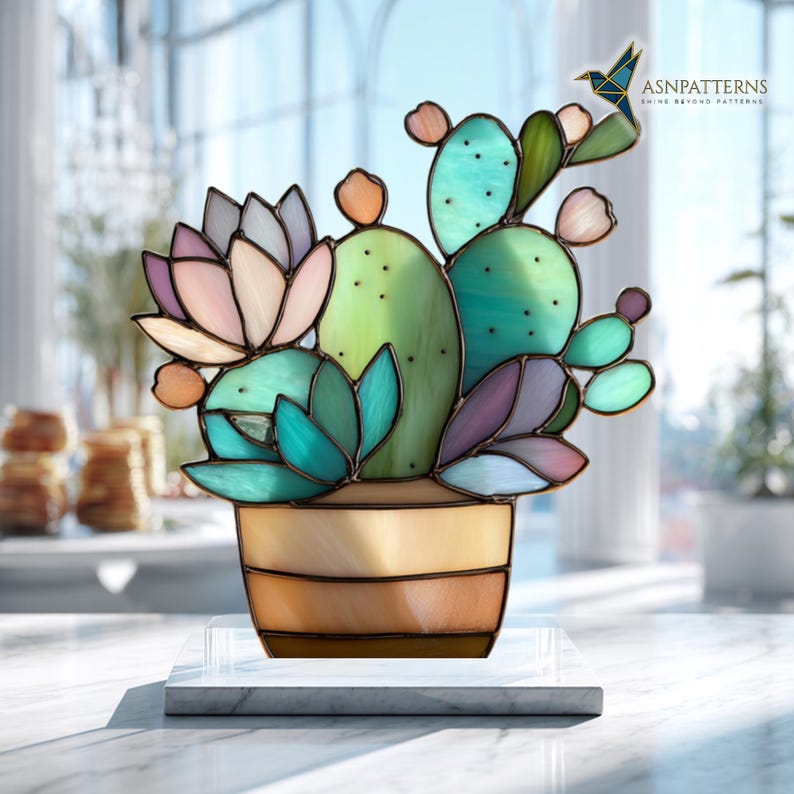 Blooming Cactus Stained Glass Pattern, Cactus Suncatcher Template, DIY ...